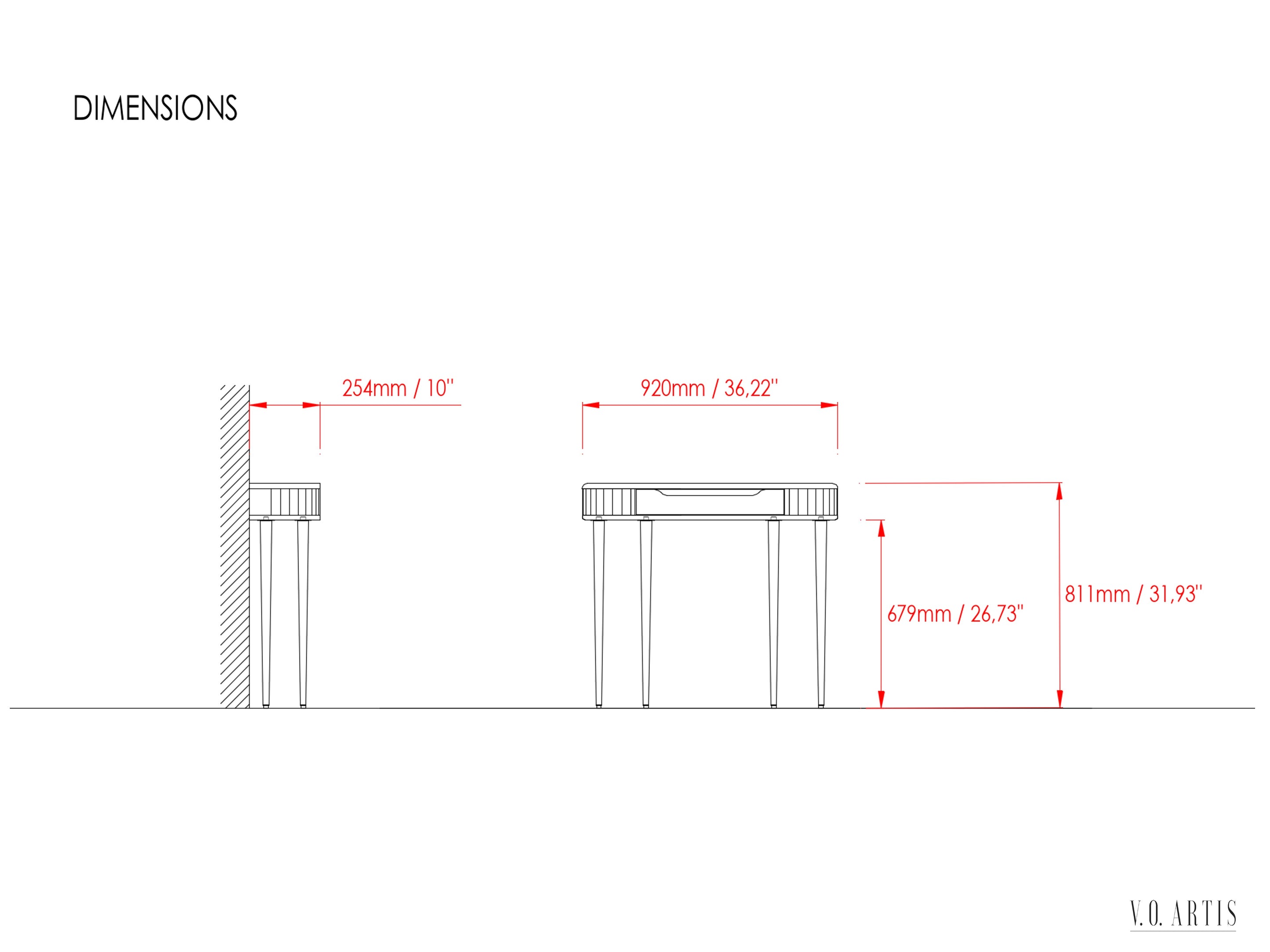 Console Hall Table with 1 drawer and 4 Legs in solid American Oak with ...